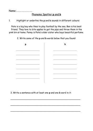 p or b Phoneme Spotter and Sentence Writing | Teaching Resources