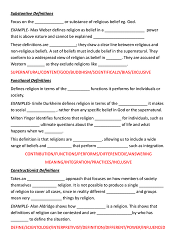 Definitions of Religion Fill In The Gaps | Teaching Resources