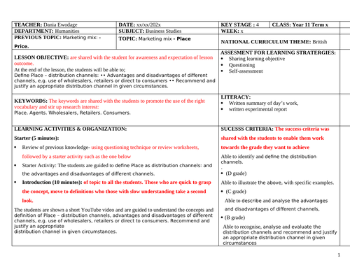 Marketing mix Place Lesson Plan 'MS word doc.' IGCSE Business Studies ...
