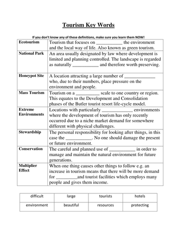 GCSE Geography AQA Tourism Key Words Revision Worksheets | Teaching ...