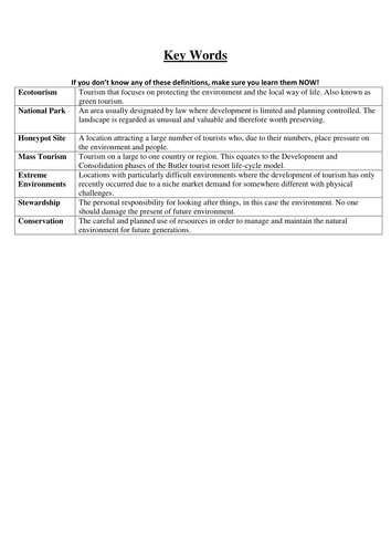 GCSE Geography AQA Tourism Key Words Revision Worksheets | Teaching ...