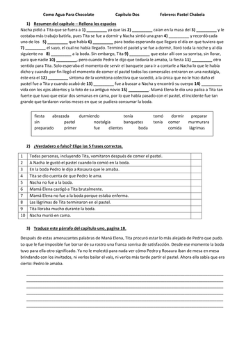 MFL Spanish A Level Como Agua Para Chocolate Chapter 1-4 Activities ...