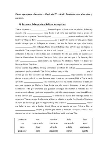 MFL Spanish A Level Como Agua Para Chocolate Chapter 1-4 Activities ...