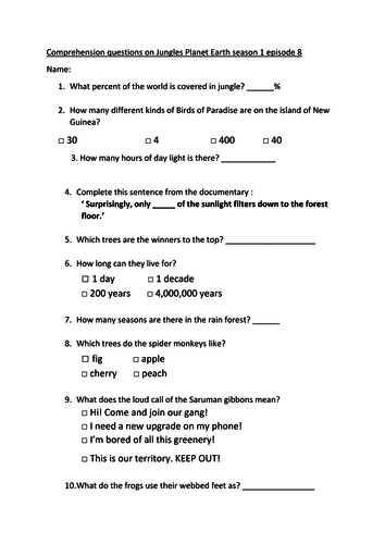 Science Comprehension questions and answers Planet Earth Jungles ...