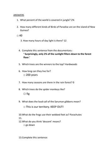 Science Comprehension questions and answers Planet Earth Jungles ...