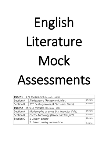 Year 10 and Year 11 AQA English Literature Mock Assessments Papers 1 ...