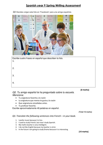 Spanish writing assessment on school subjects | Teaching Resources
