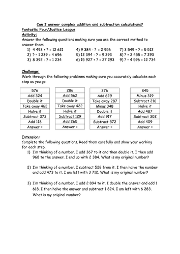 Complex addition and subtraction problems with a range of contexts for ...