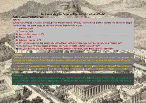 Addition and Subtraction Ancient Greece worksheet for KS2 Year 5/6 ...