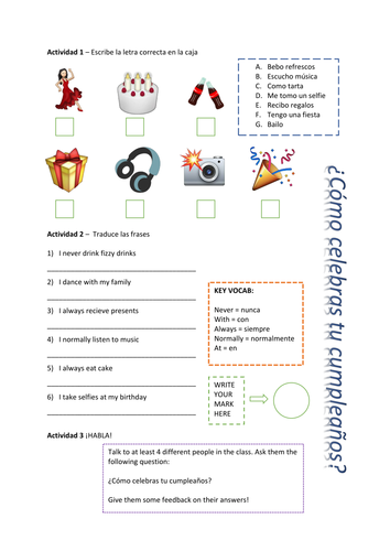 Spanish Birthday Reading Exercise and Vocab List | Teaching Resources