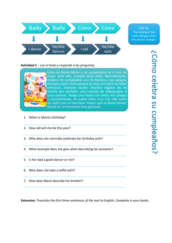 Spanish Birthday Reading Exercise and Vocab List | Teaching Resources