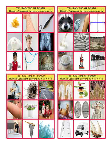 Phonics Consonant Letters m-n-q-r-v-x Photo Tic-Tac-Toe-Bingo Game ...