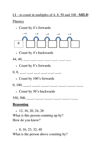 Y3 Counting in multiples of 4, 8, 50, 100 Differentiated | Teaching ...