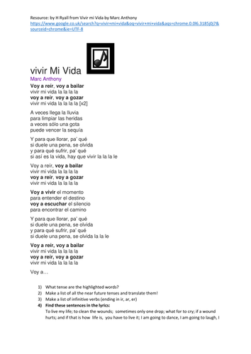 Near future tense in a song - vivir mi vida by Marc Anthony | Teaching ...