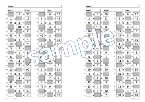 Times Tables and Division Sheet [40 Random Questions] - (1 page sample ...