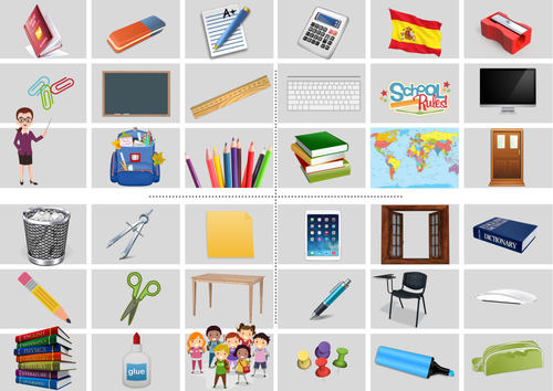 Spanish bingo and memory cards about classroom objects - Bingo y memory ...