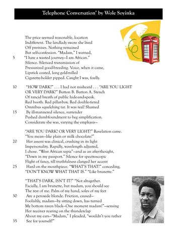 Unseen Poetry - Telephone Conversation - Wole Soyinka | Teaching Resources