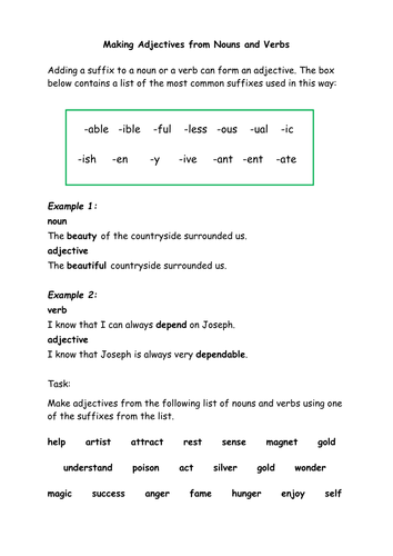 Use suffixes to transform nouns and verbs into adjectives | Teaching ...