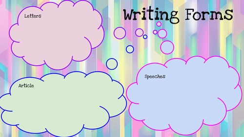Colourful revision sheet for writing forms letters, articles, speeches ...