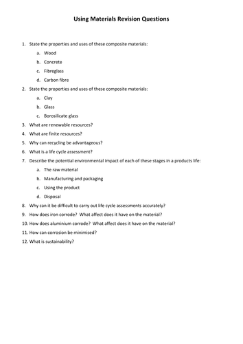 AQA GCSE Chemistry Revision Questions (by topic) | Teaching Resources