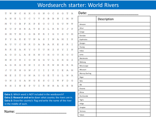 Geography Rivers of the World KS3 GCSE Wordsearch Crossword Anagram ...