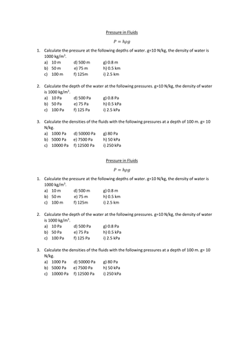 Pressure in Fluids Practice calcs new AQA Physics spec | Teaching Resources
