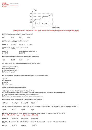 Thermal Energy (Heat and Temperature) - Quick review Test | Teaching ...