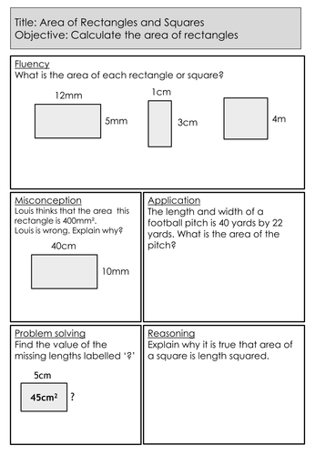 Mastery Maths - Area of Rectangles and Squares - Calculate the area of ...