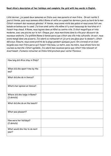 French activities "mes vacances" | Teaching Resources