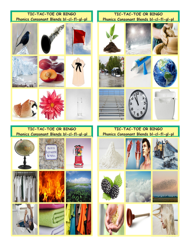 Phonics Consonant Blends bl-cl-fl-gl-pl Photo Tic-Tac-Toe-Bingo Game ...