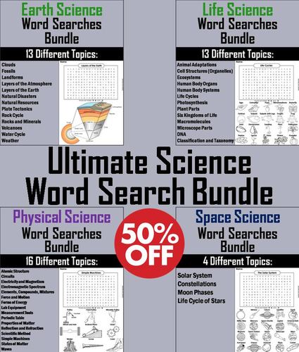Earth, Life, Physical and Space Science Word Search Bundle | Teaching ...