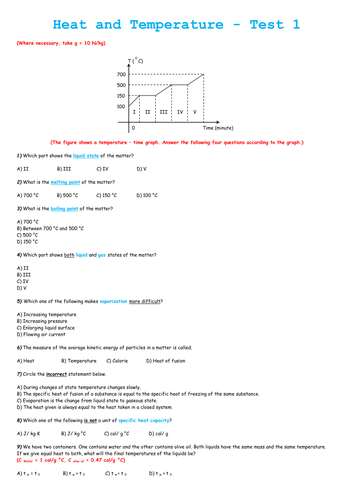 Thermal Energy (Heat and Temperature) - Test 1 | Teaching Resources