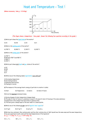 Thermal Energy (Heat and Temperature) - Test 1 | Teaching Resources