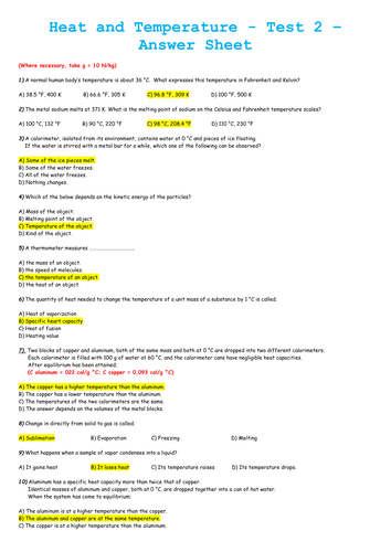 Thermal Energy (Heat and Temperature) - Test 2 | Teaching Resources