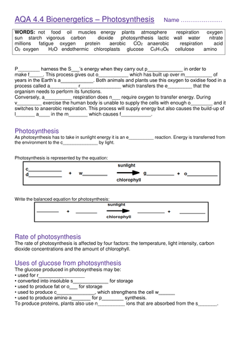 BIOENERGETICS cloze summary sheets on new AQA combined science ...