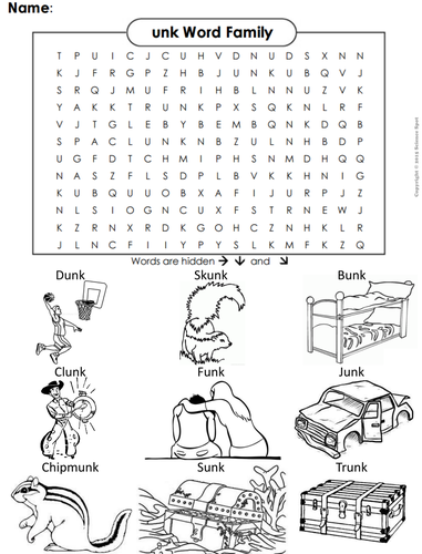unk Word Family Word Search | Teaching Resources