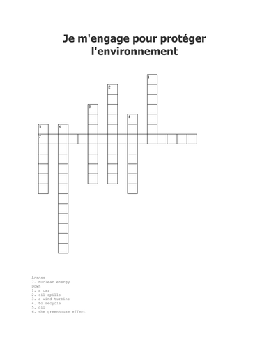 Crossword l'environnement French | Teaching Resources