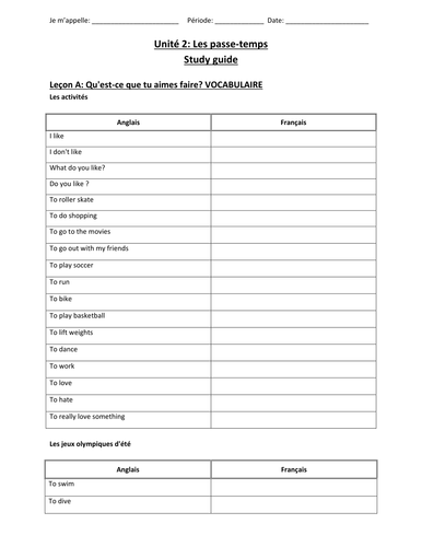 Study guide French I T'es branché Unit 2 | Teaching Resources