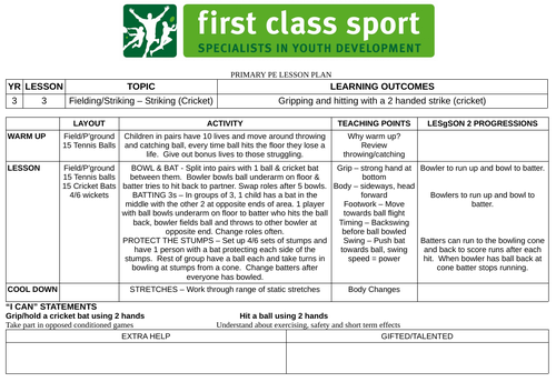 KS2 PE Plans - Year 3 - Cricket/Rounders x 6 Plans (Throwing, Catching ...