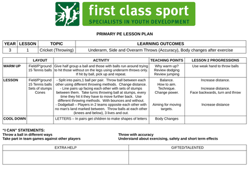 KS2 PE Plans - Year 3 - Cricket/Rounders x 6 Plans (Throwing, Catching ...