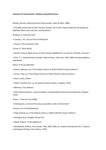 AQA GCE Literature B Recommended reading list for Protest Literature ...