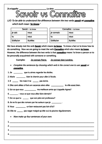 FRENCH - SAVOIR vs CONNAÎTRE - Worksheets | Teaching Resources