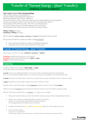 Transfer of Thermal Energy - (Heat Transfer; Conduction, Convection ...