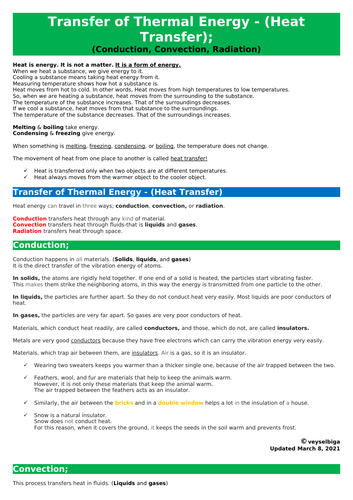 Transfer of Thermal Energy - (Heat Transfer; Conduction, Convection ...