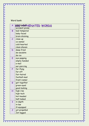 HYPHENS - word bank of hyphenated words KS2 (grammar and writing ...