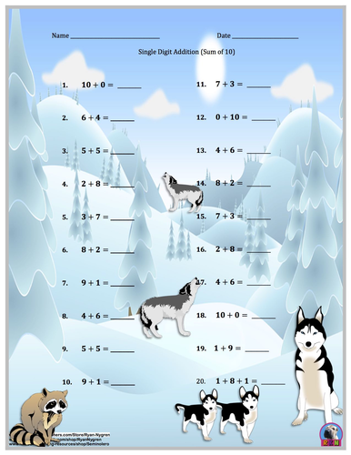Single Digit Addition - Animal Themed Worksheets - Horizontal ...
