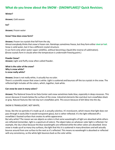 All about Snow – Types of SNOW; (PPT/Quiz/Teacher Notes/Quick Review ...