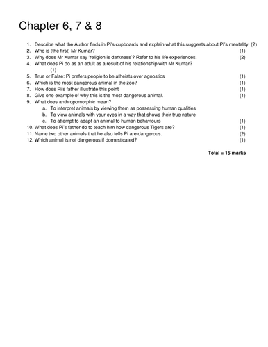 Life of Pi: Questions on Chapters 6, 7 and 8 | Teaching Resources