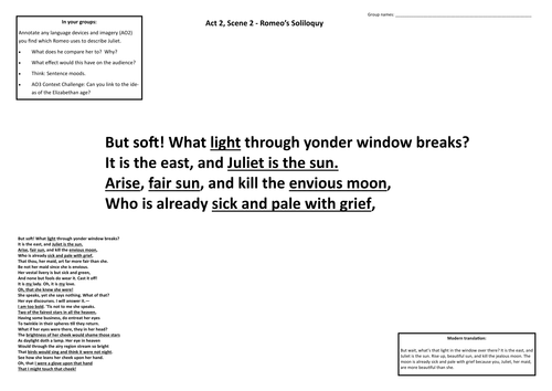 Romeo and Juliet KS3 GCSE Act 2 Scene 2 Romeo's Soliloquy | Teaching ...
