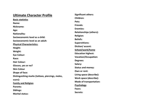 Ultimate character profile | Teaching Resources